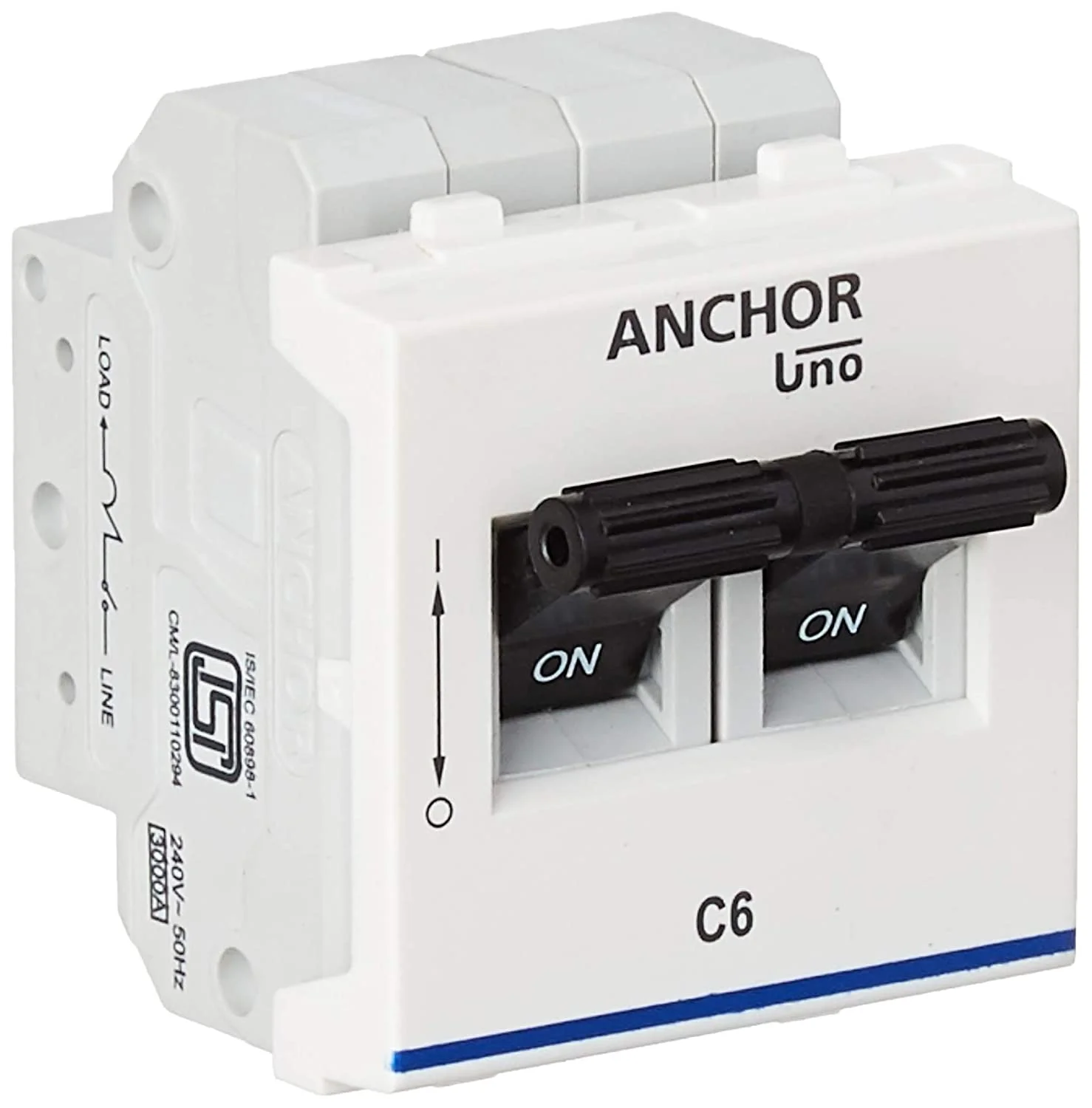 Anchor Uno Mini Modular MCB 6 A, 2 Pole, 3 KA, C-Curve